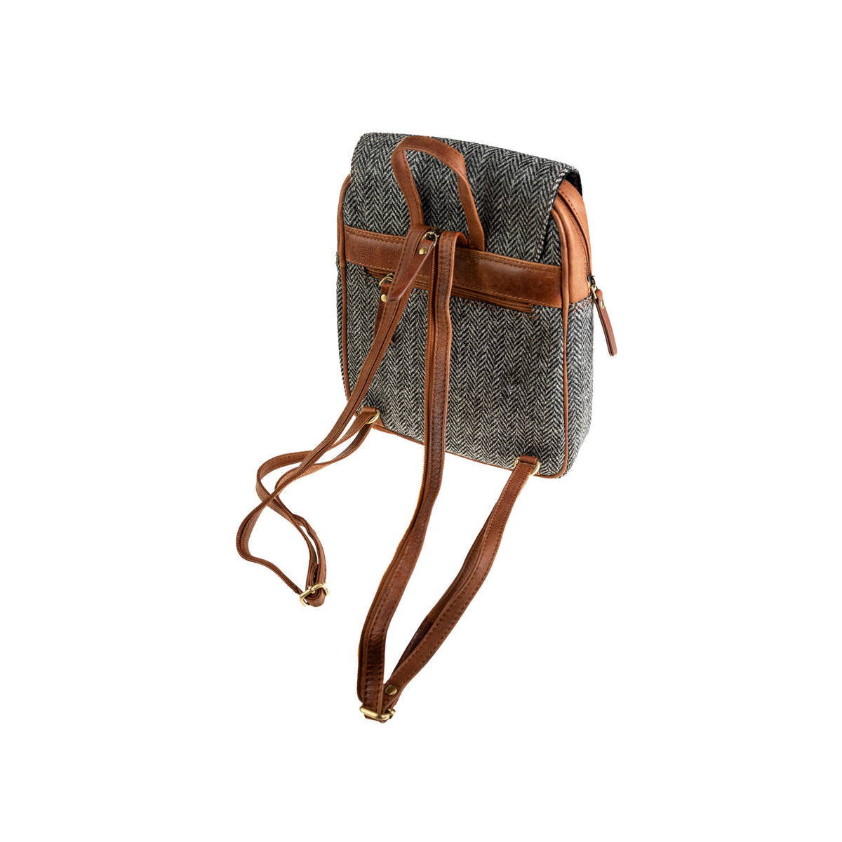 Ladies Ht Leather Foldover Backpack Black & White Herringbone / Tan ...