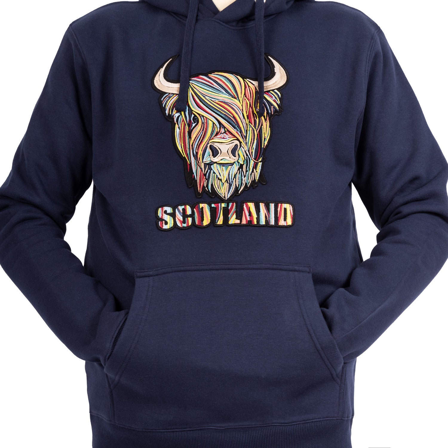 Colourful Highland Cow Embroidered Hood Navy | The Scotland Shop